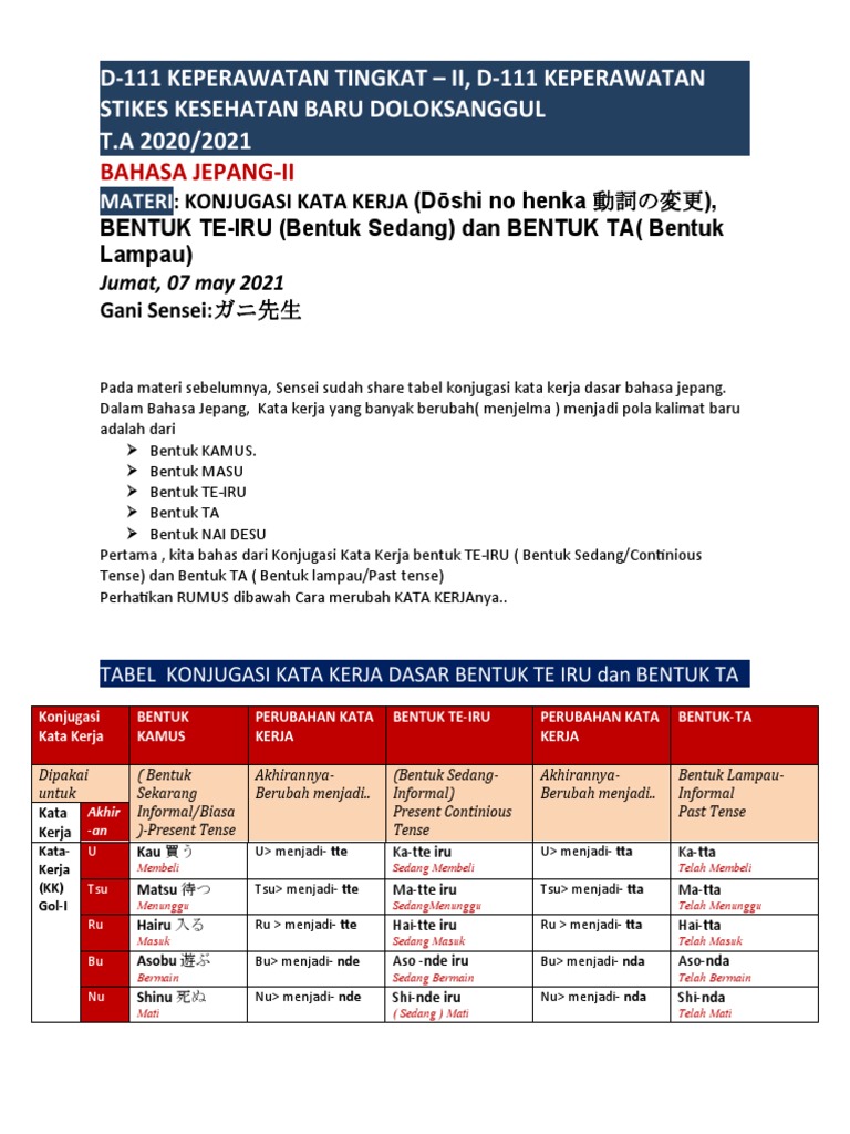 Materi Kata Kerja - Bentuk Te-Iru Dan Bentuk Ta-New | PDF