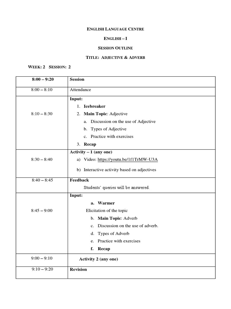 Adjectives and Adverbs Session Outline | PDF | Part Of Speech | Adverb