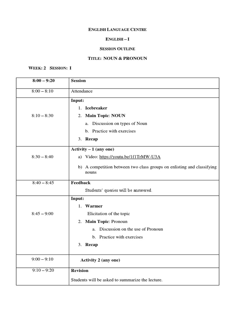 Noun and Pronoun Session Outline | PDF | Part Of Speech | Pronoun