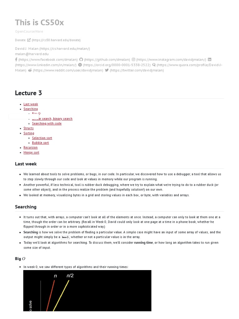 Lecture 3 - CS50x 2021 | PDF | Time Complexity | Logarithm