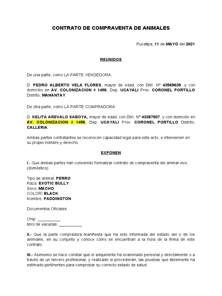 Contrato De Venta De Cachorros