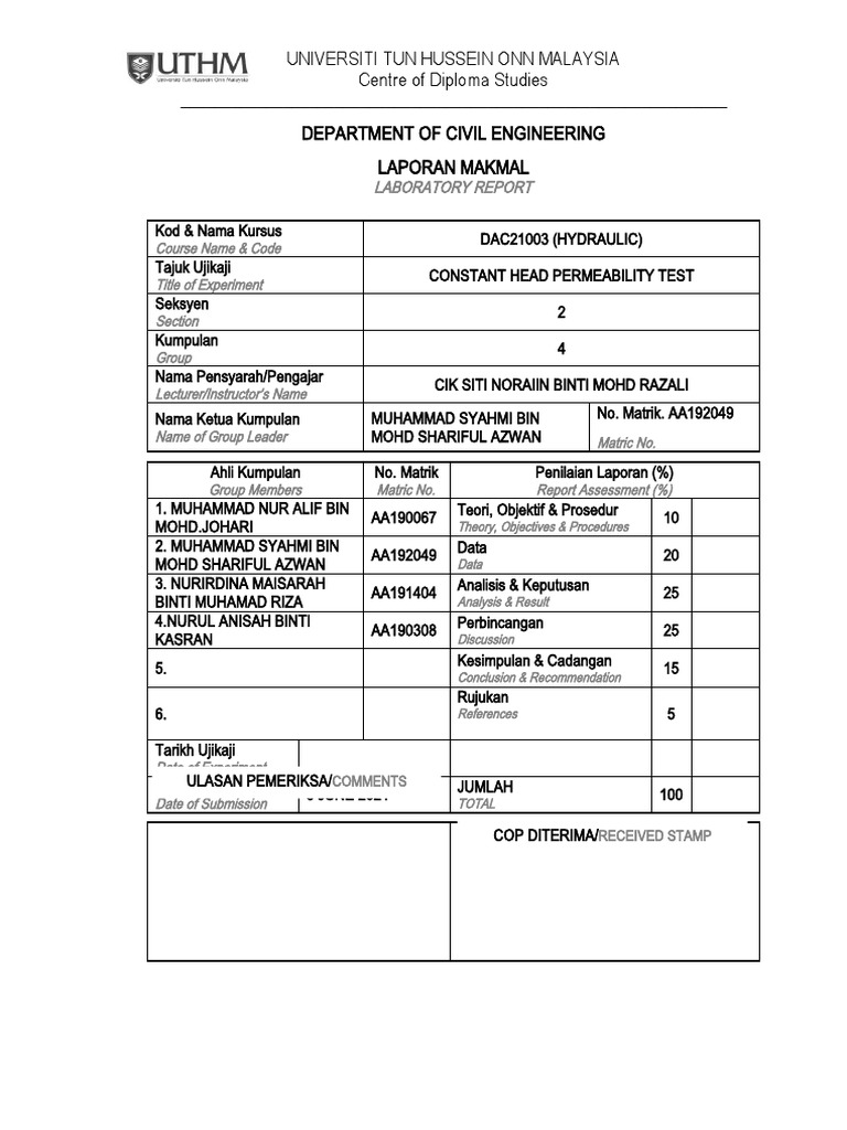 Lab Report Constant Head Test | PDF | Permeability (Earth Sciences ...