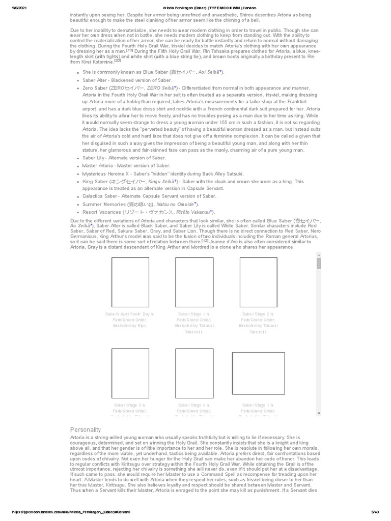 Artoria Pendragon (Saber) - TYPE-MOON Wiki - Fandom5 | PDF | Clothing