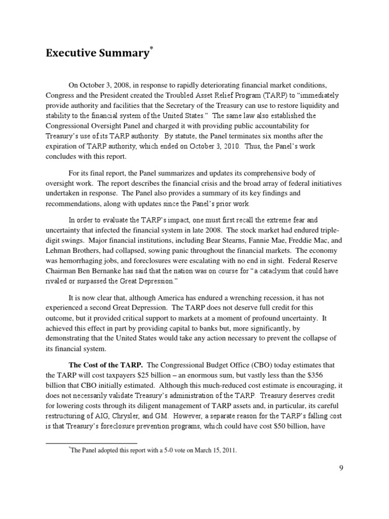 TARP Expires April 2011-Congressional Oversight Panel (COP - Senate.gov ...
