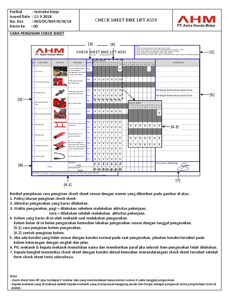 Check Sheet Bike Lift Assy | PDF