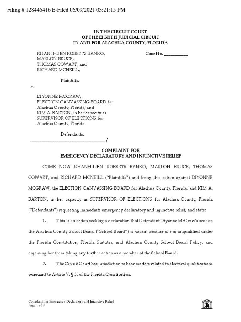 Diyonne McGraw Complaint | PDF | Declaratory Judgment | Complaint