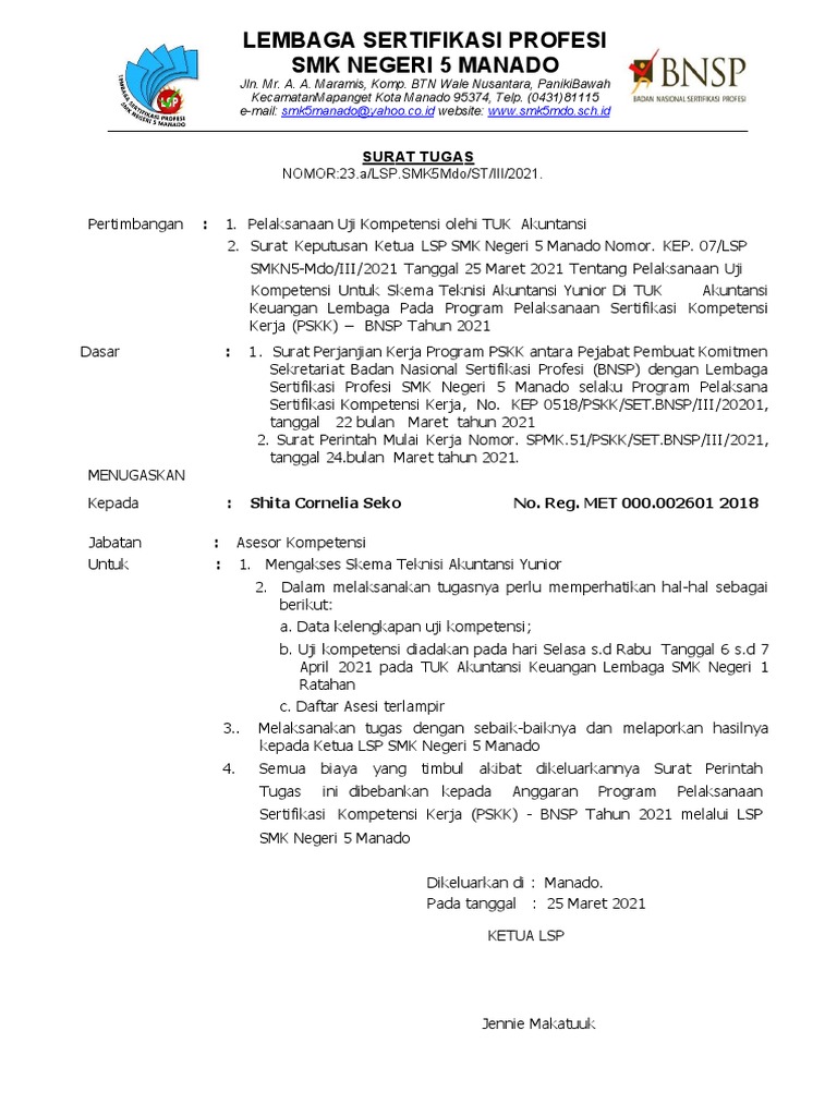 Surat Tugas Asesor PSKK 21 | PDF