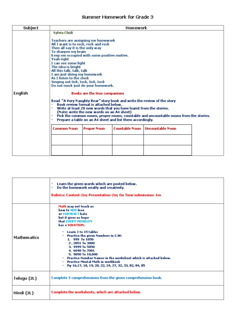 Grade 3 Summer Homework Assignments | PDF | Homework