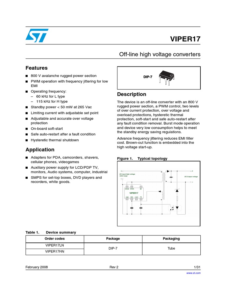 Viper17: Off-Line High Voltage Converters | PDF | Capacitor | Field Effect Transistor