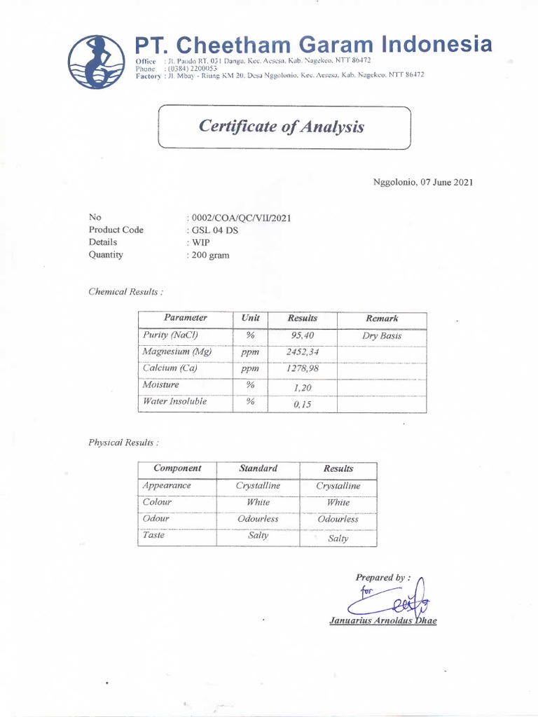 PT. Cheetham Garam Indonesia: Certificate of Analysis | PDF