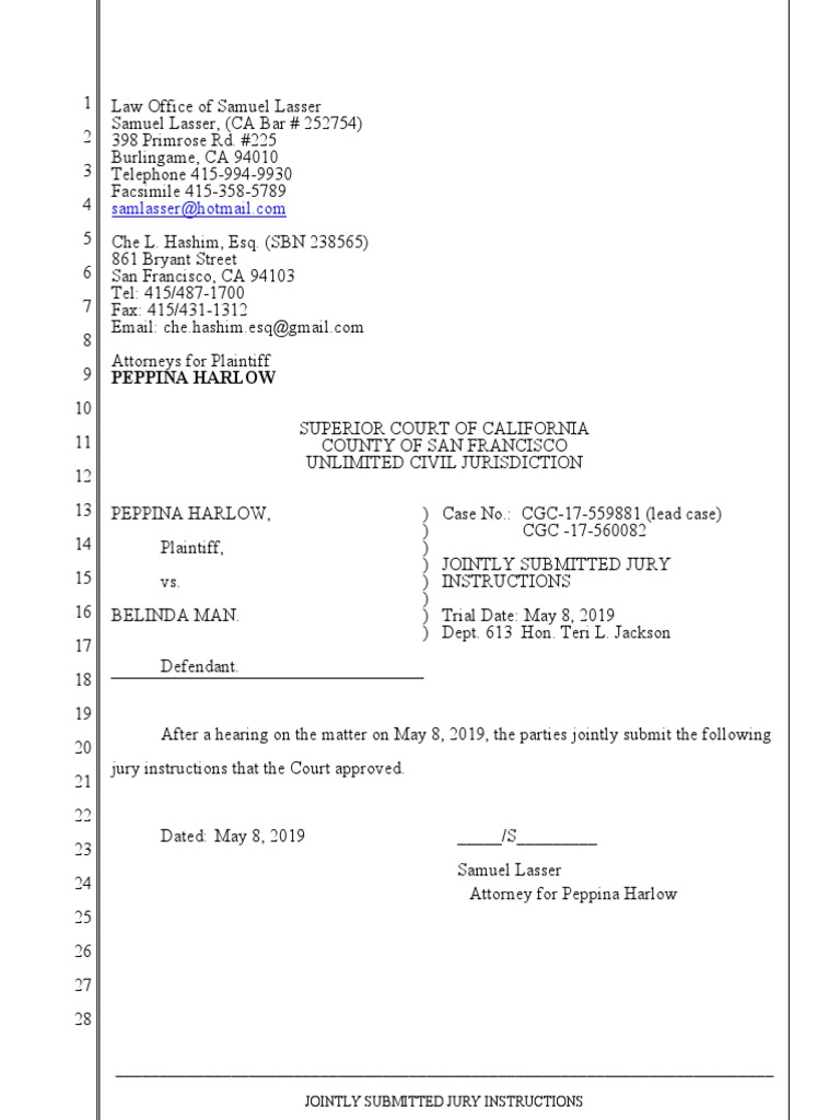 Harlow v. Man - Joint Jury Instructions FINAL | PDF | Witness ...