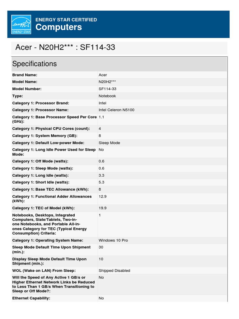 Acer N20H2 Notebook Specifications | PDF