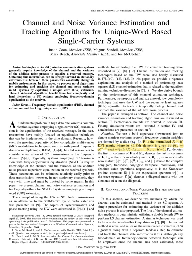 Channel and Noise Variance Estimation and Tracking Algorithms For Unique-Word Based Single ...