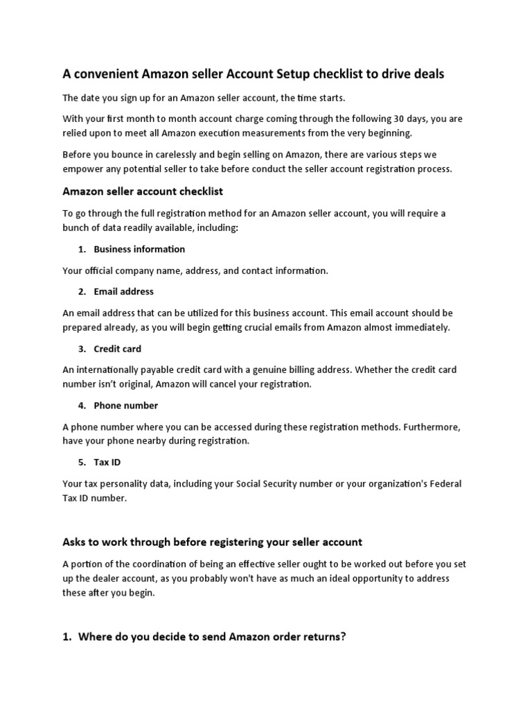 A Convenient Amazon Seller Account Setup Checklist To Drive Deals | PDF ... A Convenient Amazon Seller Account Setup Checklist To Drive Deals | PDF ...