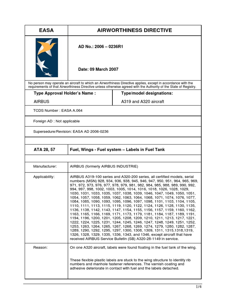Easa Airworthiness Directive: AD No.: 2006 - 0236R1 | PDF | Aviation ...