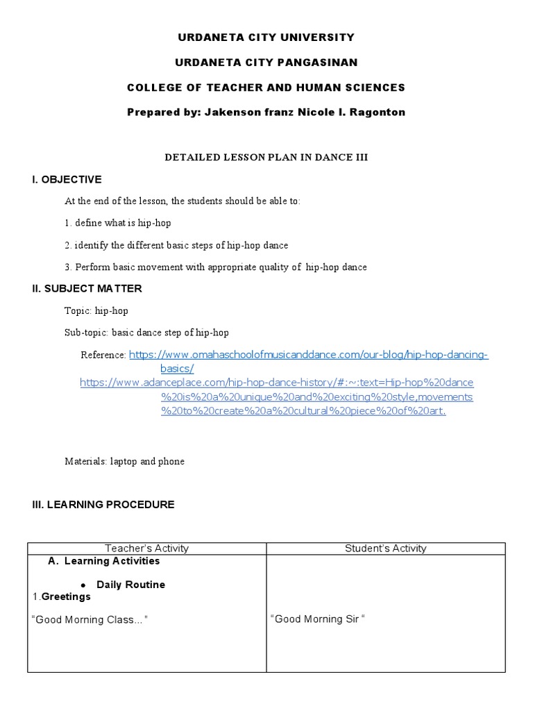 Detailed Lesson Plan in Dance Iii I. Objective: Basics | PDF | Hip Hop ...