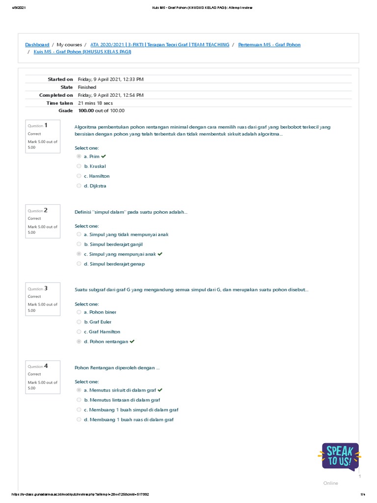 Kuis M5 - Graf Pohon KHUSUS KELAS PAGI Attempt Review | PDF