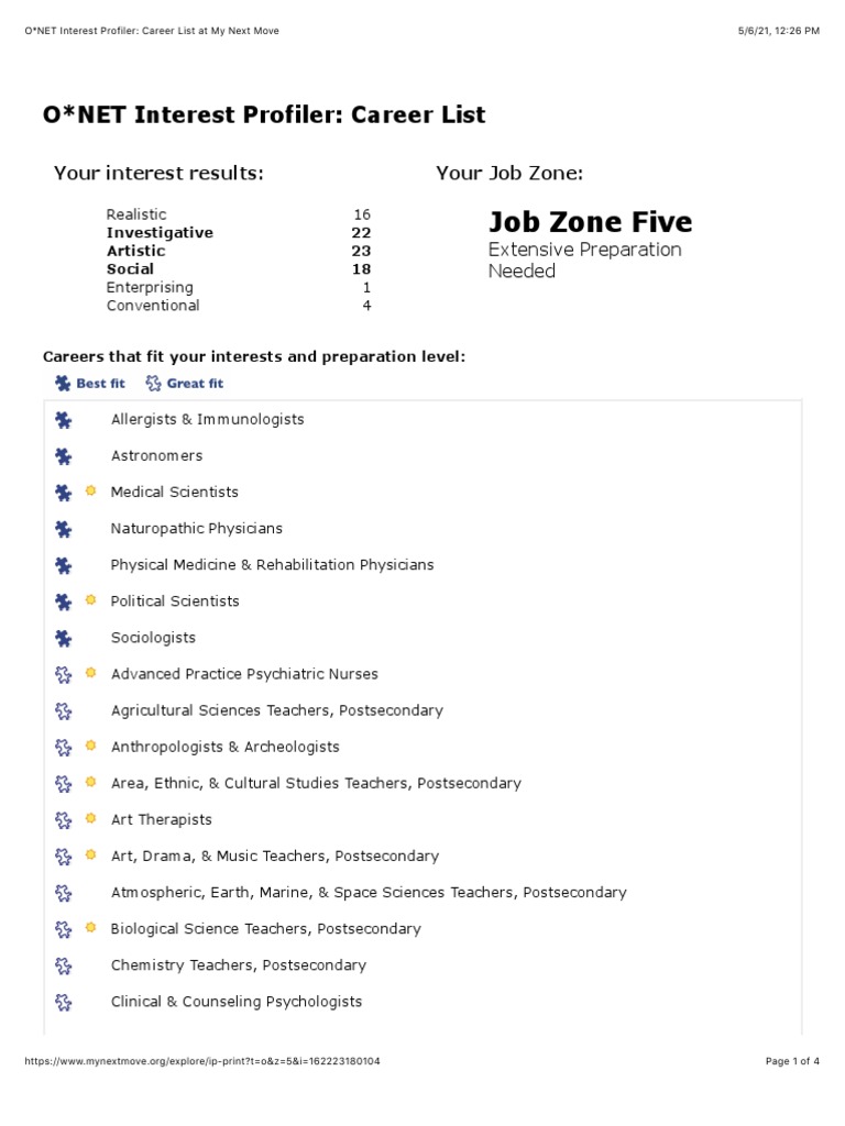 O NET Interest Profiler: Career List at My Next Move | PDF | Health ...