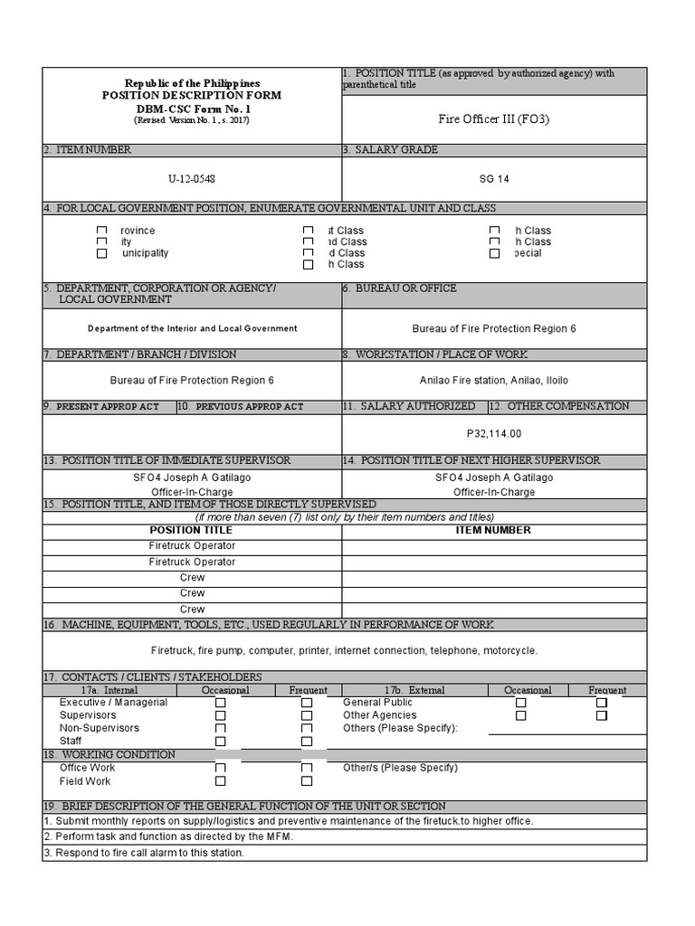 DBM-CSC Form No. 1 Position Description | PDF | Fire Safety | Business