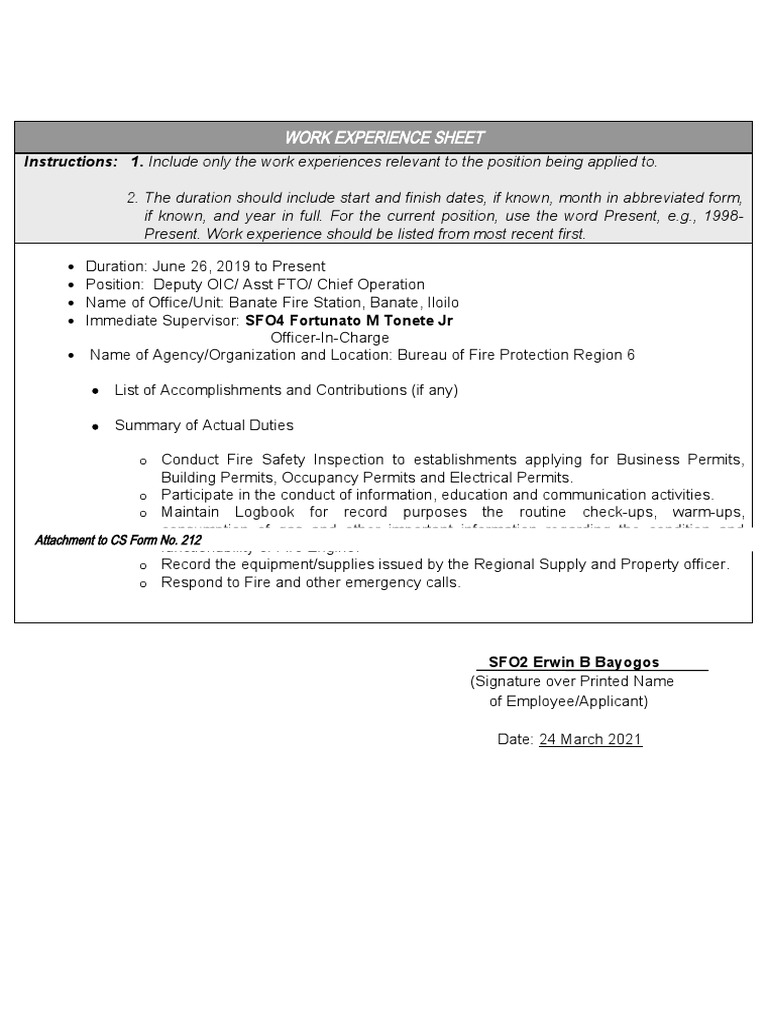 Cs Form No. 212 Attachment - Work Experience Sheet Balsomo | PDF