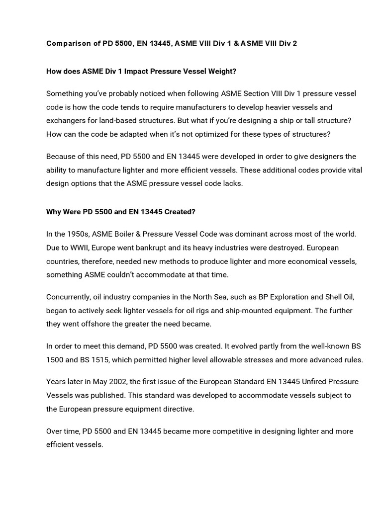 Comparison of PD 5500, EN 13445, ASME SEC VIII Div 1 & 2 | PDF
