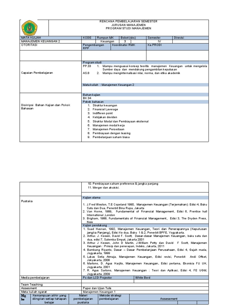 RPS Manajemen Keuangan 2 | PDF