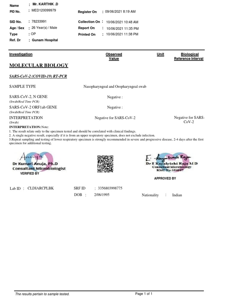 COVID-19 RT-PCR Test Results Report | PDF