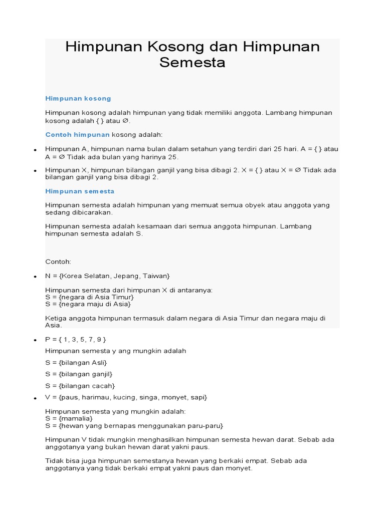Materi Matematika Himpunan Kosong Dan Semesta | PDF | Metode & Bahan Ajar