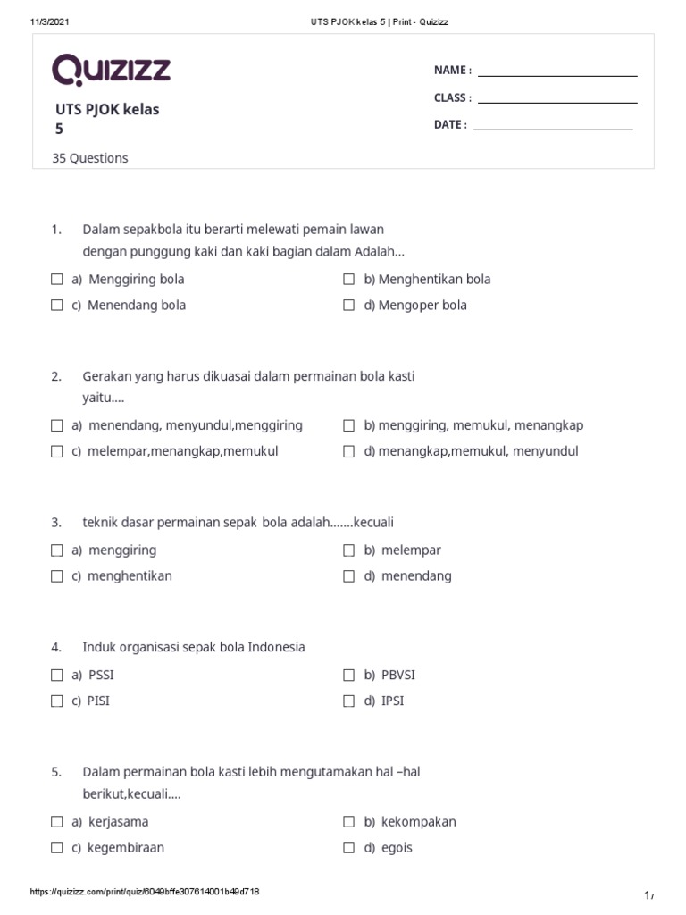 UTS PJOK Kelas 5 - Print - Quizizz-Dikonversi | PDF