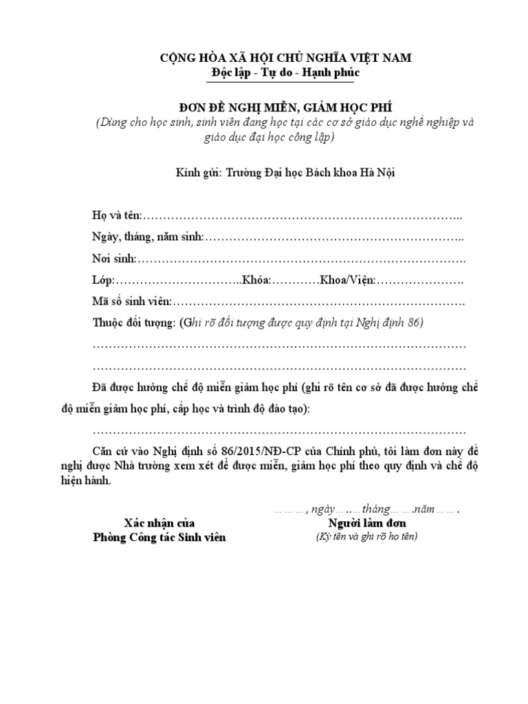 6- Đơn đề nghị miễn giảm học phí | PDF