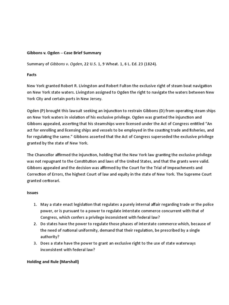 Gibbons v. Ogden - Case Brief Summary | Download Free PDF | Commerce ...