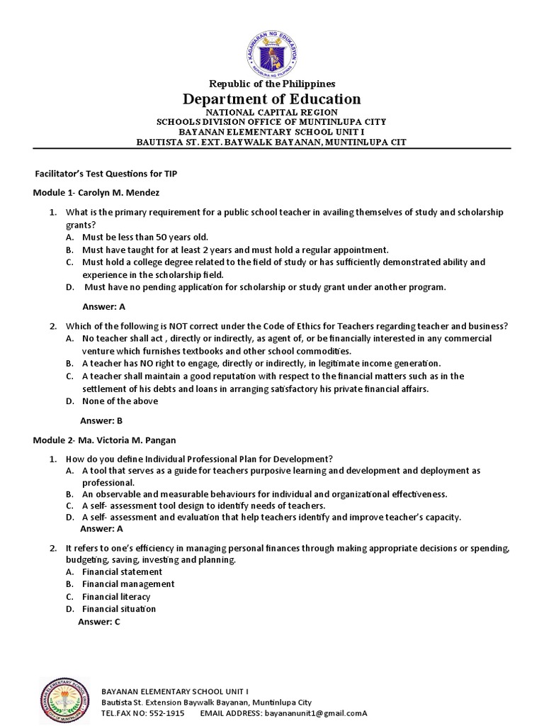 Facilitators Test Questions For TIP | PDF | Constructivism (Philosophy ...