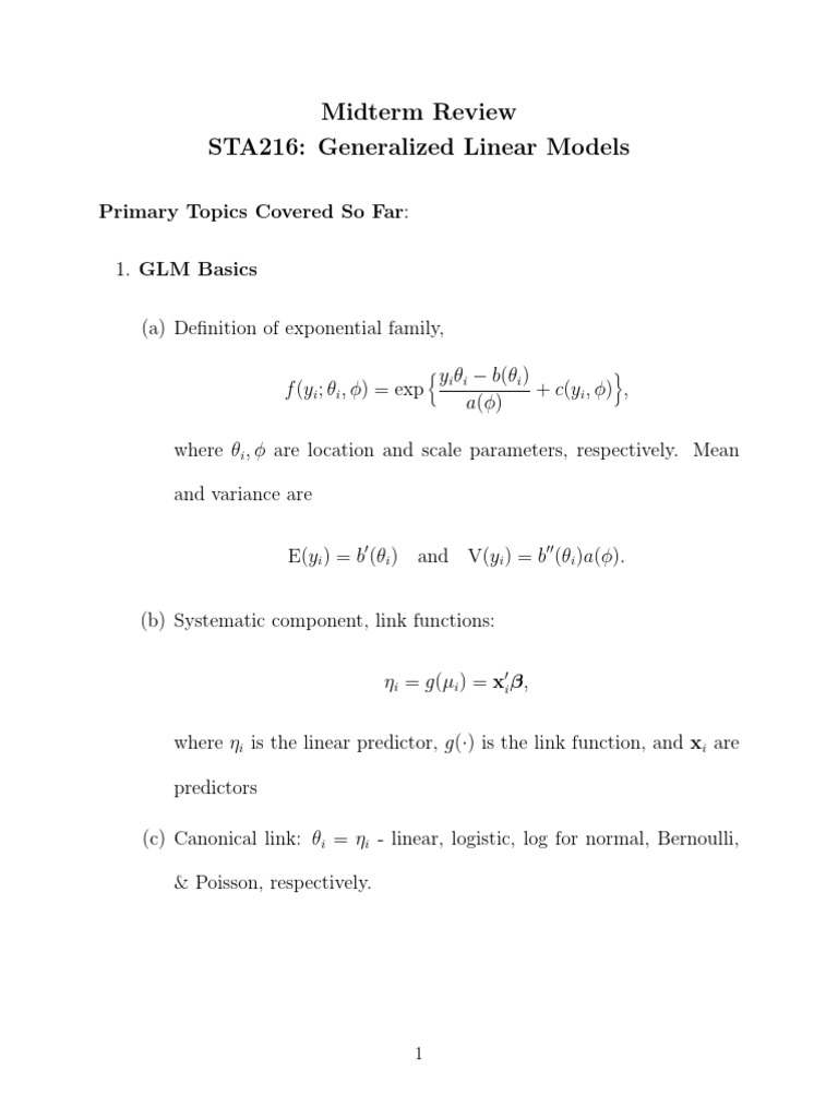Midterm Review STA216: Generalized Linear Models: I I I I I I ...