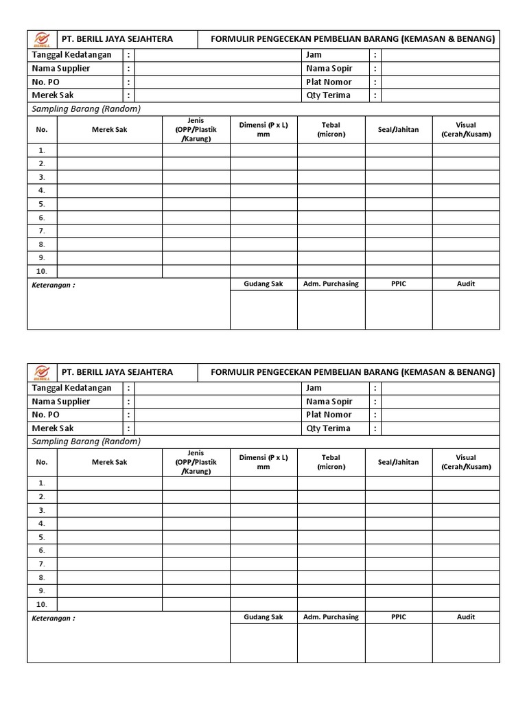 Form Check Kedatangan Barang Non Bahan Baku | PDF