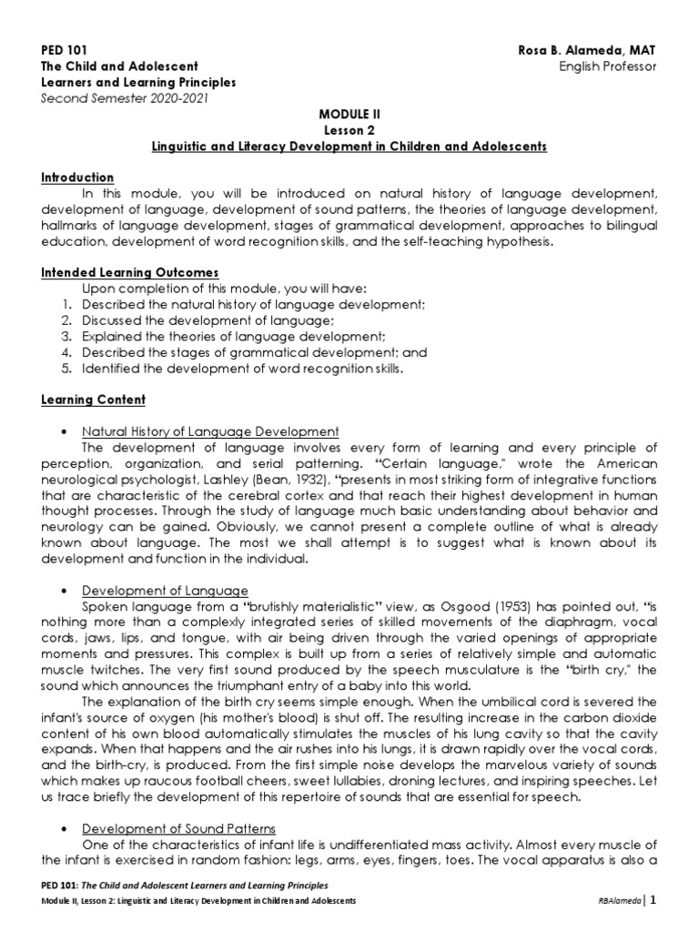 PED 101 Module 2 Lesson 2 R. Alameda | PDF | Language Development ...