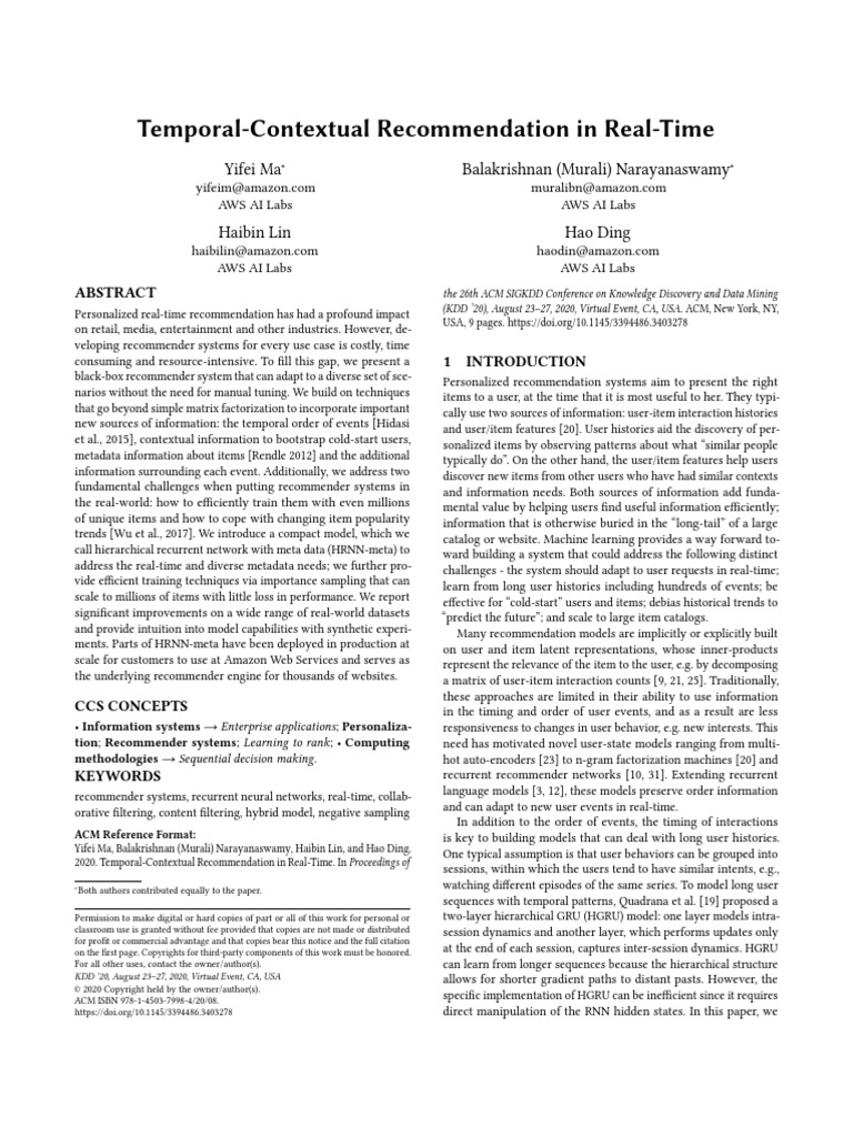 Temporal Contextual Recommendation in Real Time | PDF | Cognition | Computing