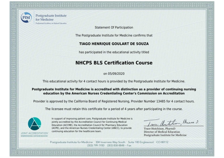 Bls Basic Life Support Certification Course Certificate | PDF