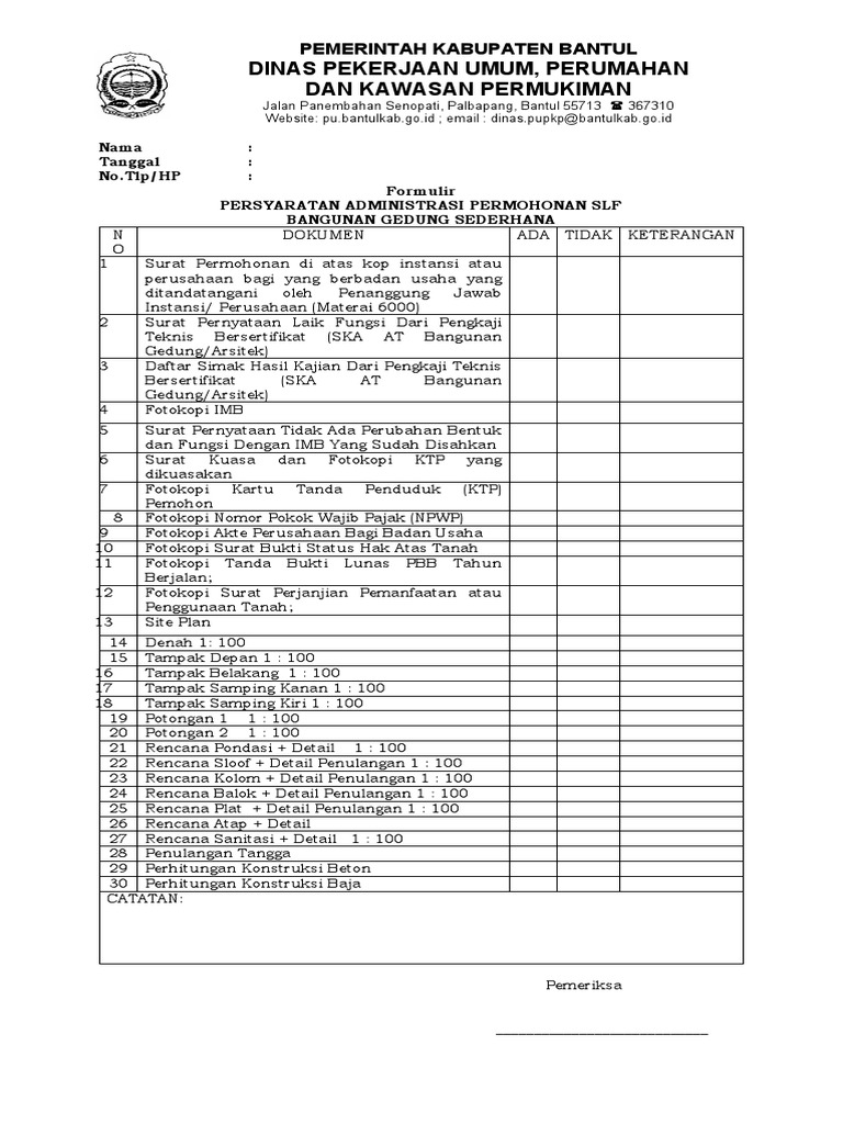 1 Ceklis SLF (Bangunan Sederhana) | PDF