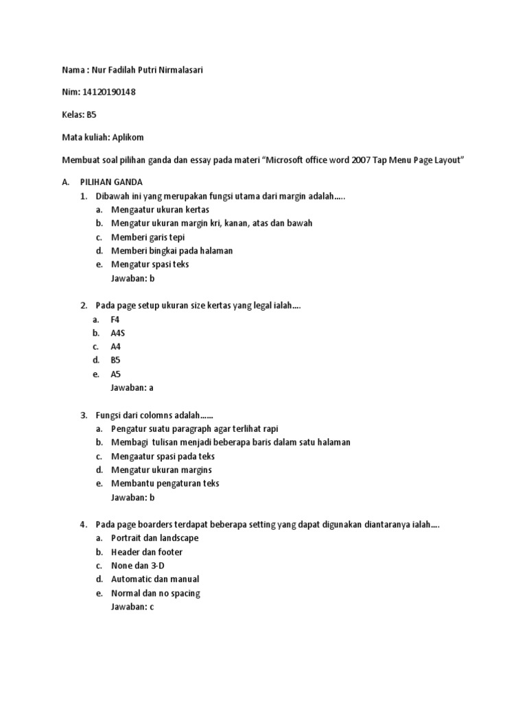 Soal Page Layout Microsoft Word 2007 | PDF
