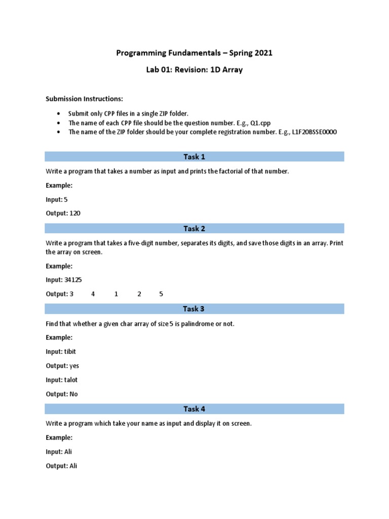 Programming Fundamentals – Spring 2021 Lab 01: Revision: 1D Array | PDF ...
