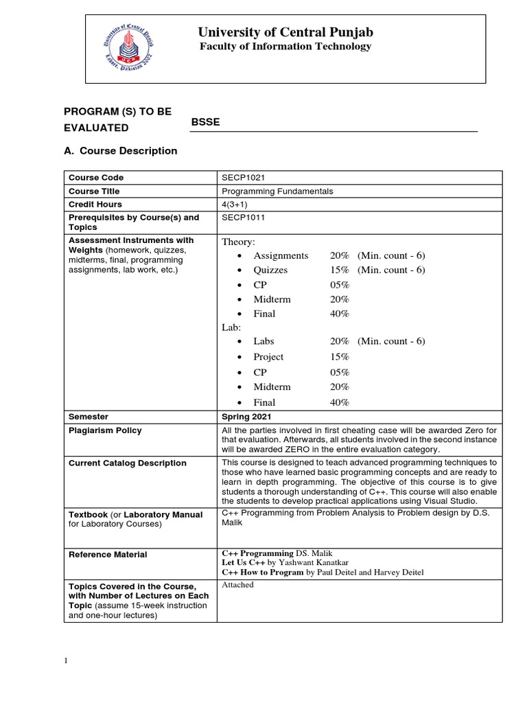 University of Central Punjab: Program (S) To Be Evaluated A. Course Description Bsse | PDF ...