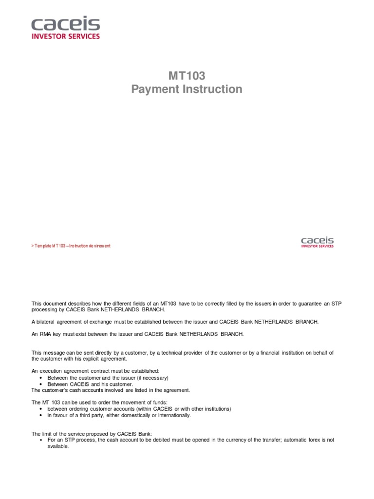 MT103 Payment Instruction | PDF | Payments | Financial Transaction