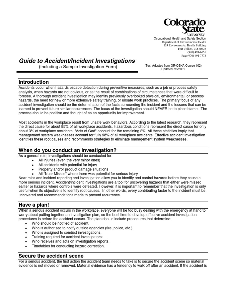 Guide To Accident/Incident Investigations: (Including A Sample ...