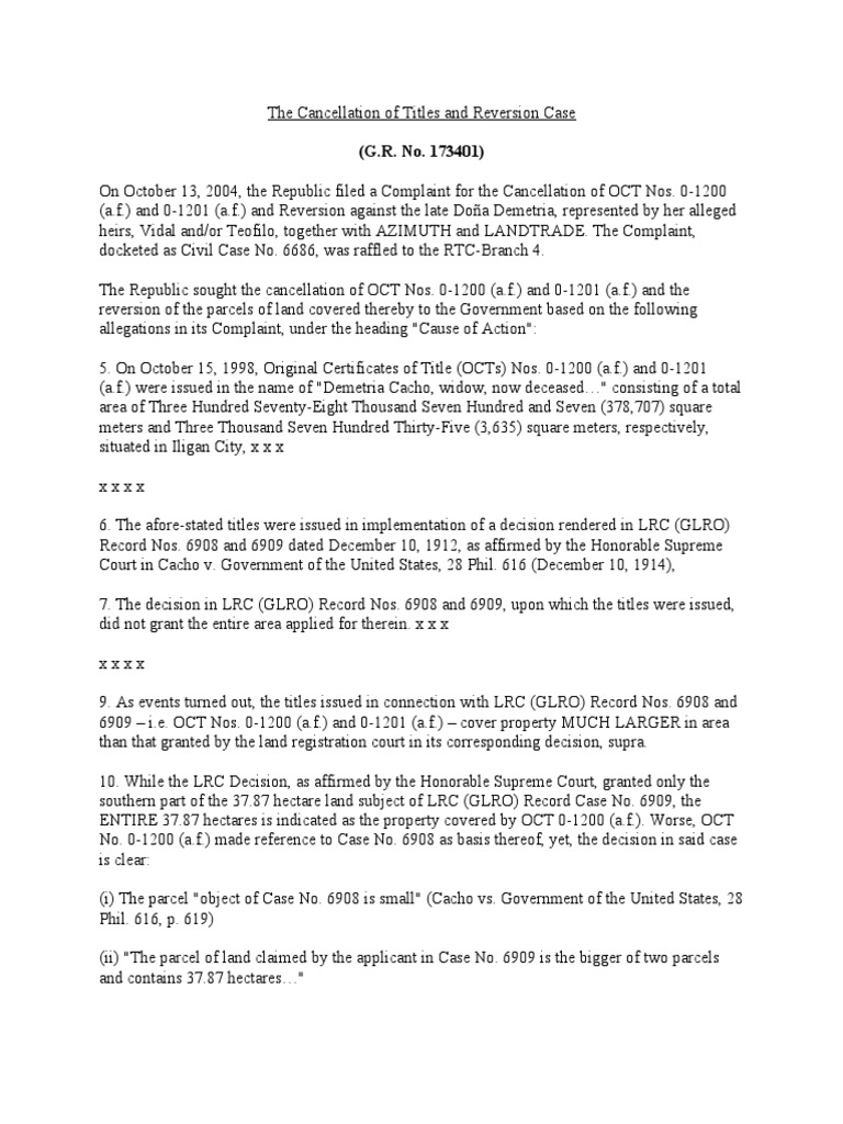 The Cancellation of Titles and Reversion Case | PDF | Cause Of Action ...