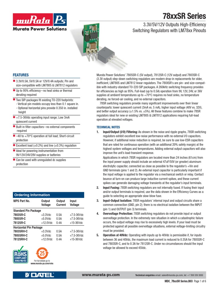 78Xxsr Series: 3.3V/5V/12V Outputs High-Effi Ciency Switching ...