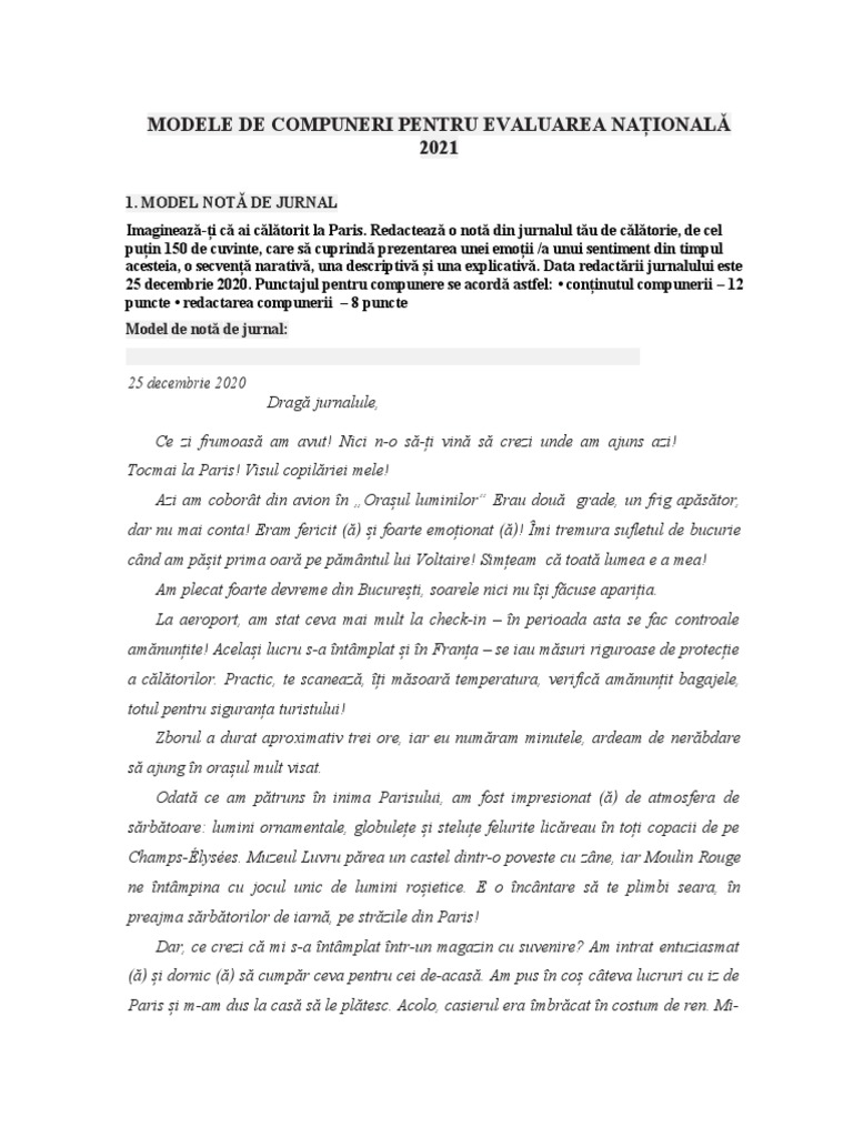 Modele de Compuneri Pentru Evaluarea National 2021 | PDF