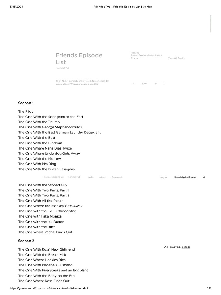Friends (TV) - Friends Episode List - Genius | PDF | Friends | American ...