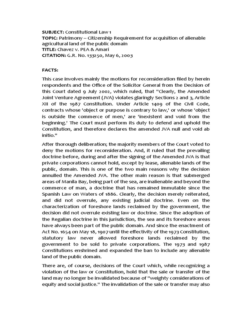 Chavez v. PEA & Amari, G.R. No. 133250. May 6, 2003 | PDF | Ex Post ...