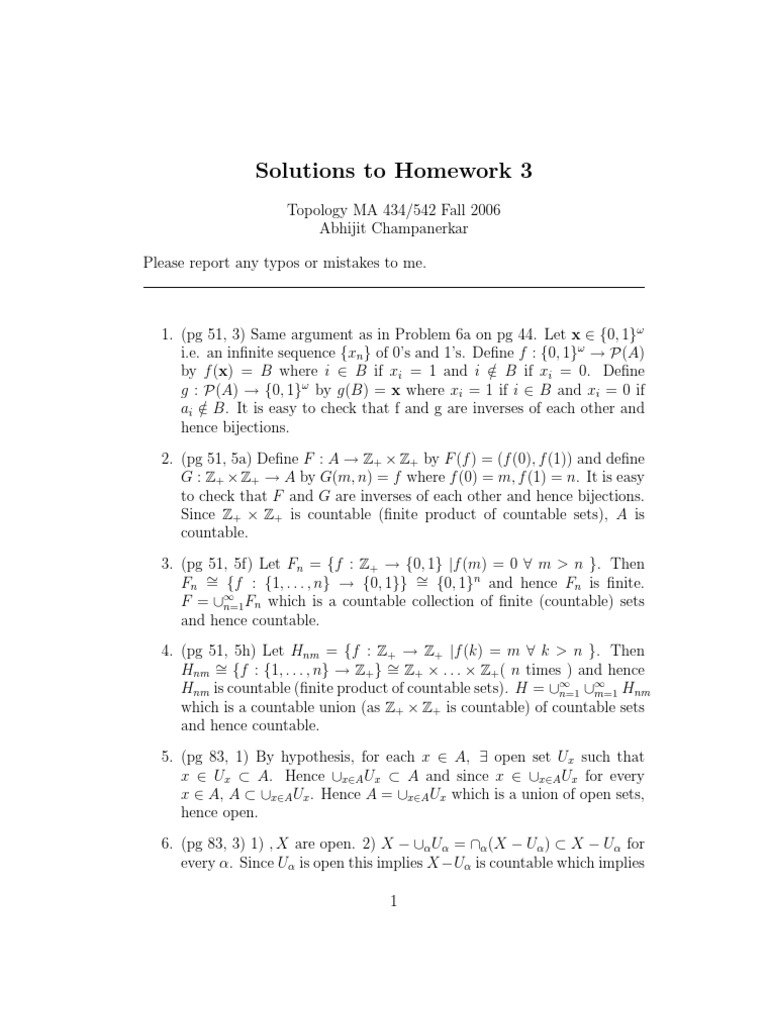 Topology Homework Solutions MA 434/542 | PDF | Topology | Abstract Algebra