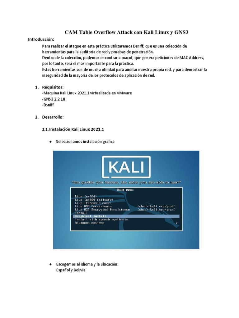 CAM Table Overflow Attack Con Kali Linux y GNS3 | PDF | V Mware | Conmutador de red